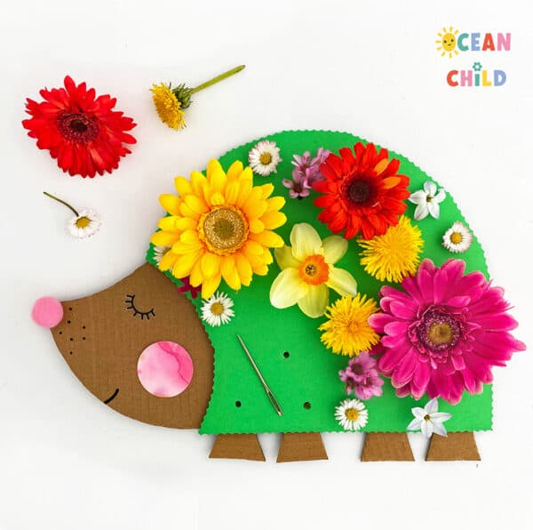 Cute hedgehog craft decorated with spring flowers! - Ocean Child Crafts