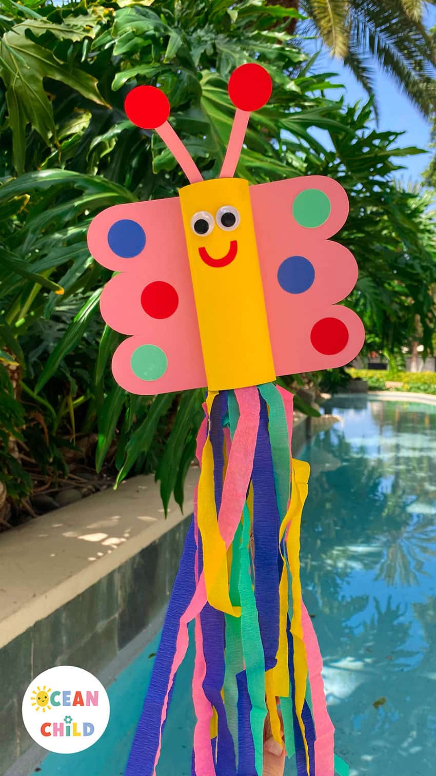 Easy paper roll butterfly windsock craft for kids! - Ocean Child Crafts