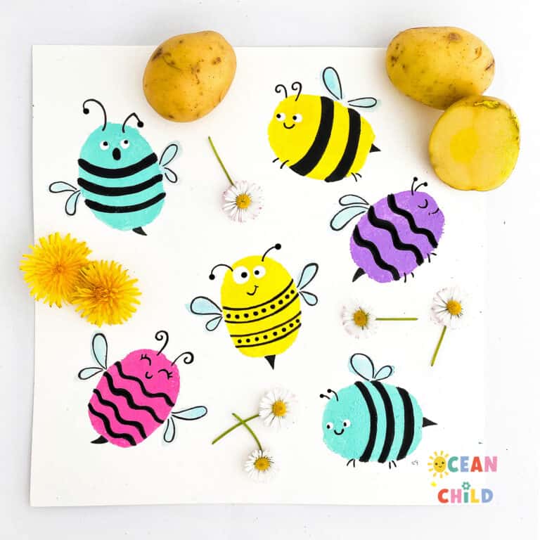 Potato stamp bees, easy bee craft for kids! - Ocean Child Crafts