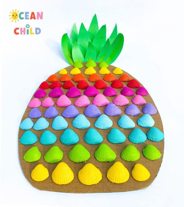Shell craft for summer, DIY rainbow-colored pineapple - Ocean Child Crafts