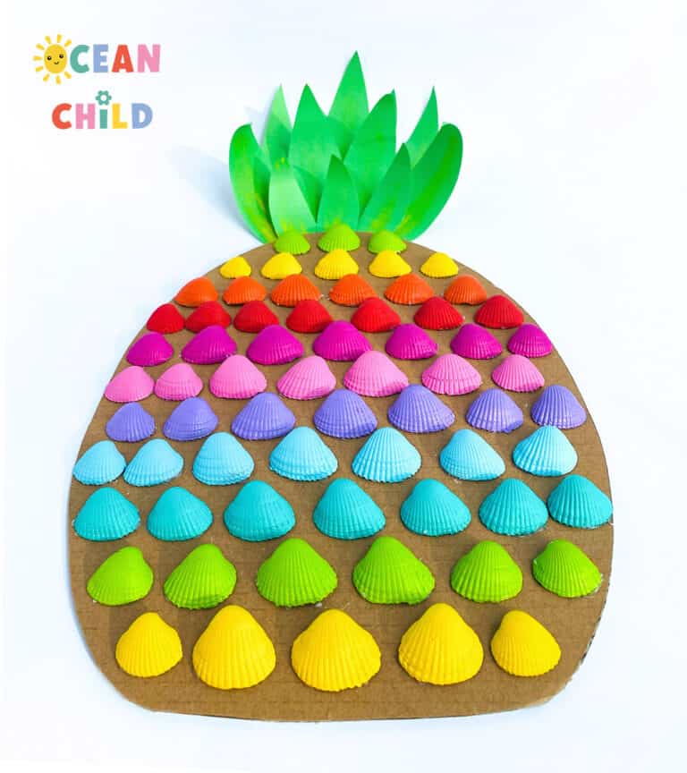 Shell craft for summer, DIY rainbow-colored pineapple - Ocean Child Crafts