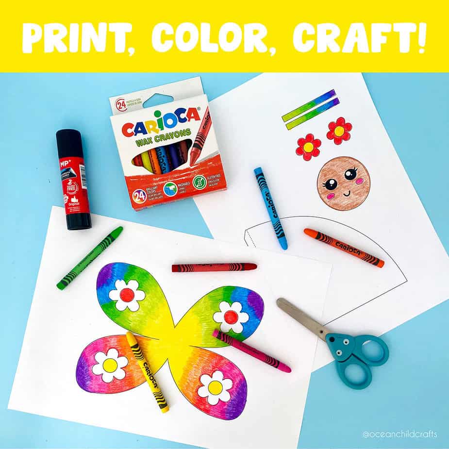 DIY butterfly craft printable in color and coloring page - Ocean Child ...