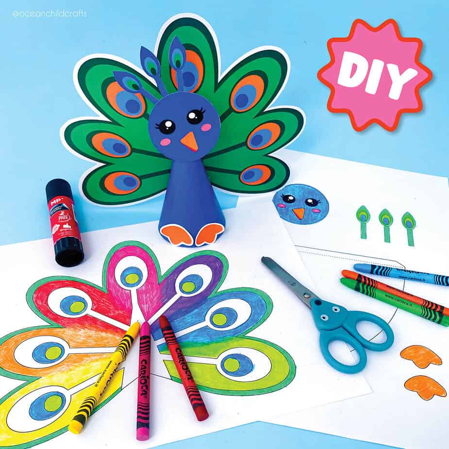 Colorful peacock craft printable in color and coloring page