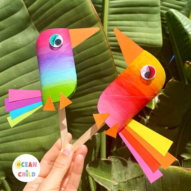 Colorful Paper Roll Bird Puppet Craft for Kids - Ocean Child Crafts